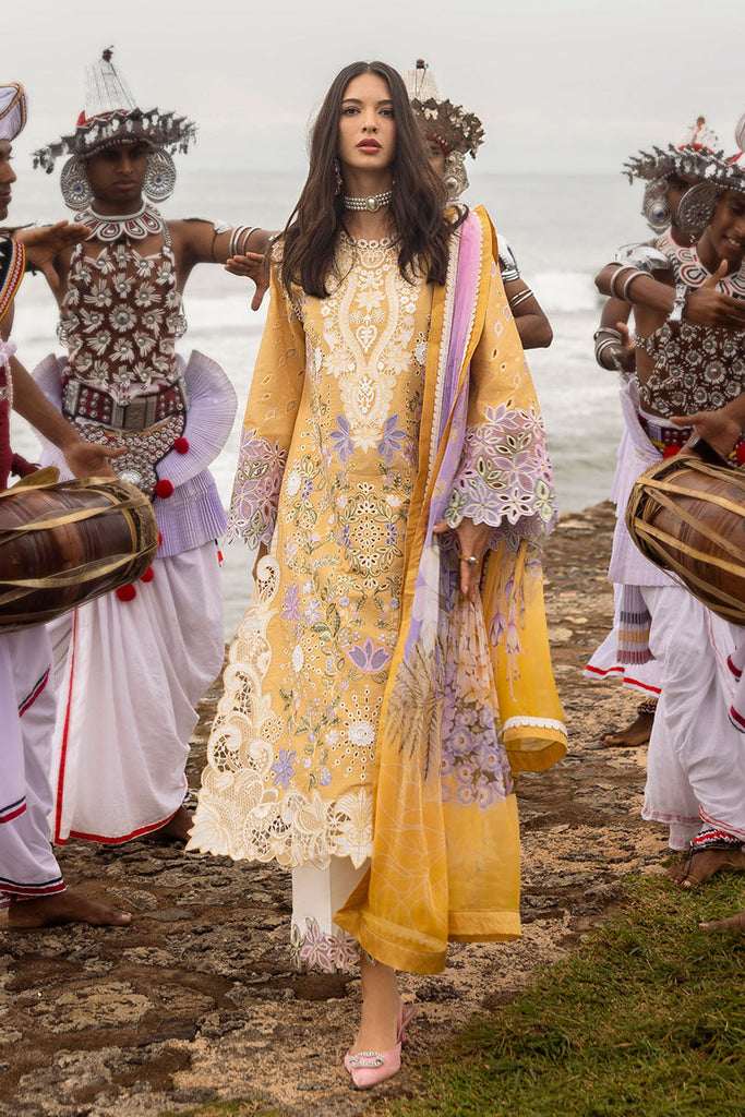 Mushq Manaram Embroidered Lawn Unstitched 3Pc Suit - Gold Glow