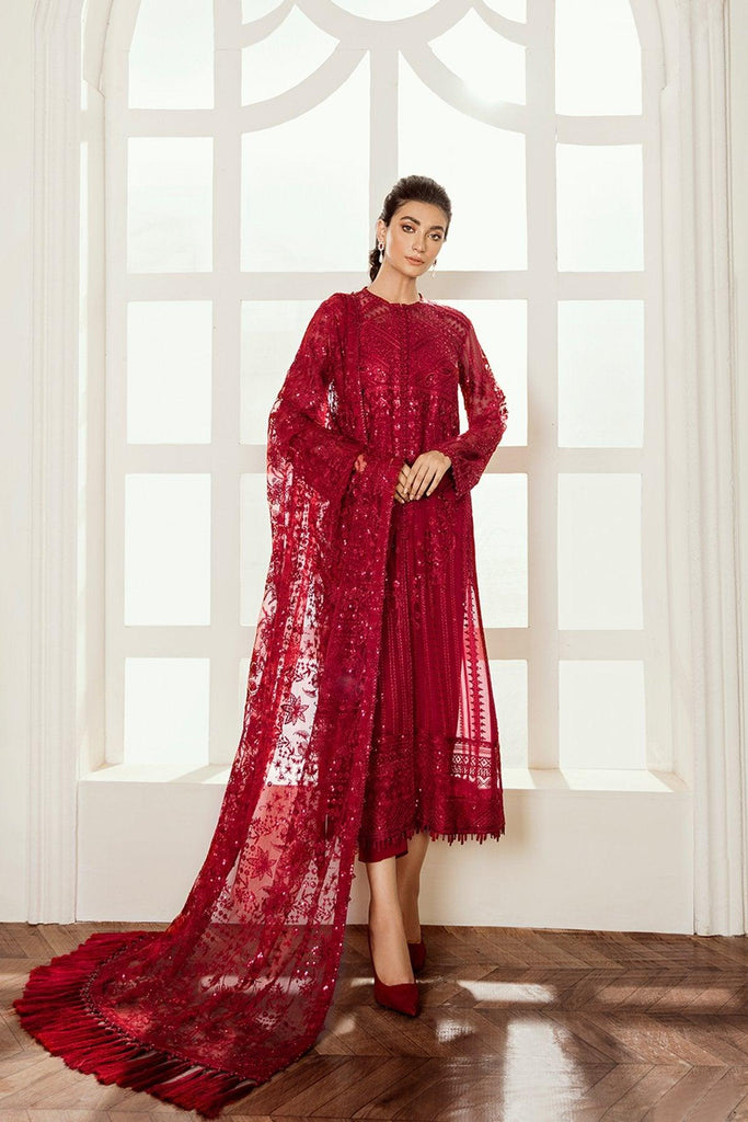 Baroque Luxury Embroidered Chiffon 3 Piece Suit - RED VELVET