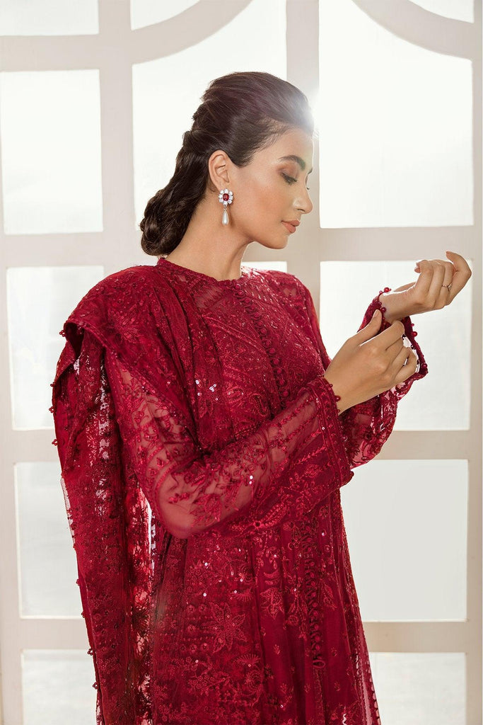 Baroque Luxury Embroidered Chiffon 3 Piece Suit - RED VELVET