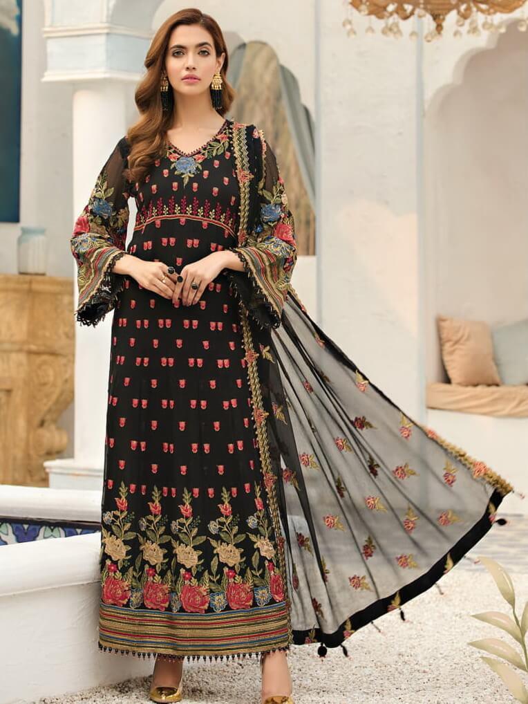 Alizeh Fashion Vol-04 Embroidered Chiffon 3Pc Suit D-12 Classic Black